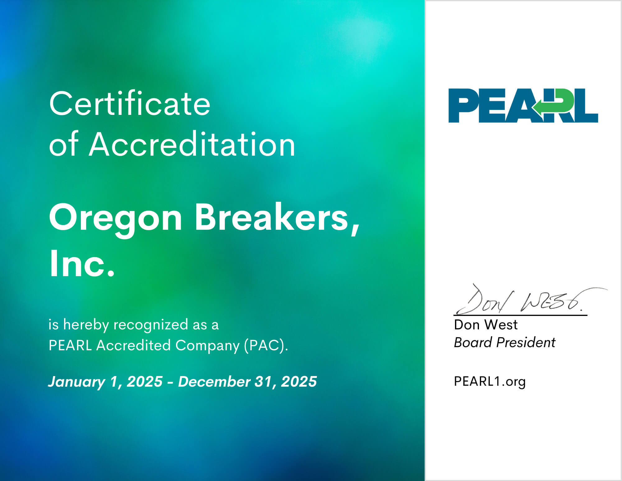 Oregon Breakers, Inc. Certificate of Accreditation - Professional ...