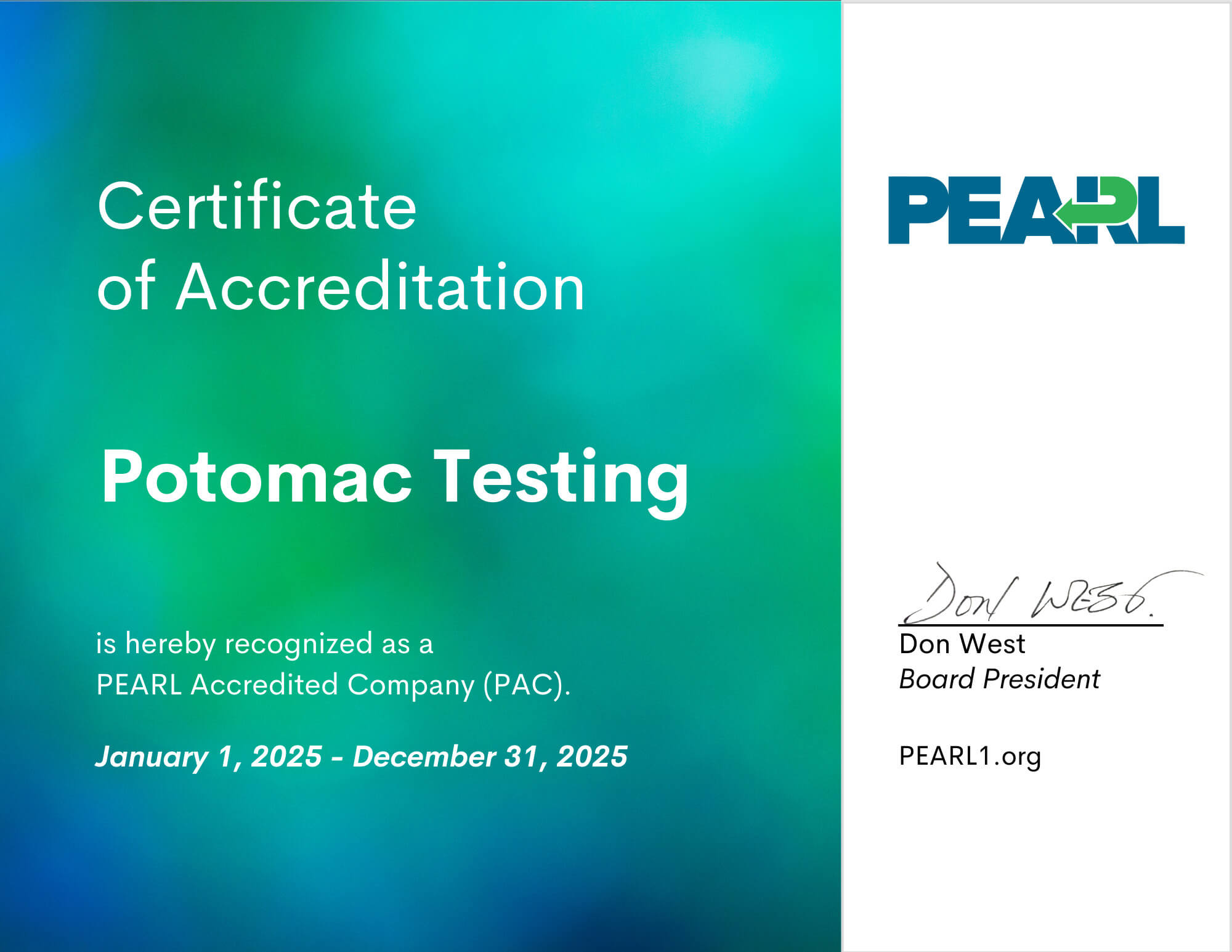 Potomac Testing Certificate of Accreditation - Professional Electrical ...