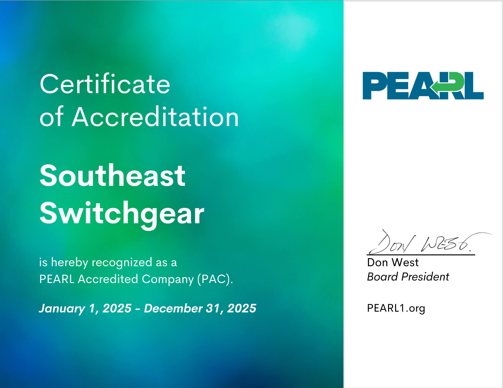 Southeast Switchgear Certificate of Accreditation - Professional ...
